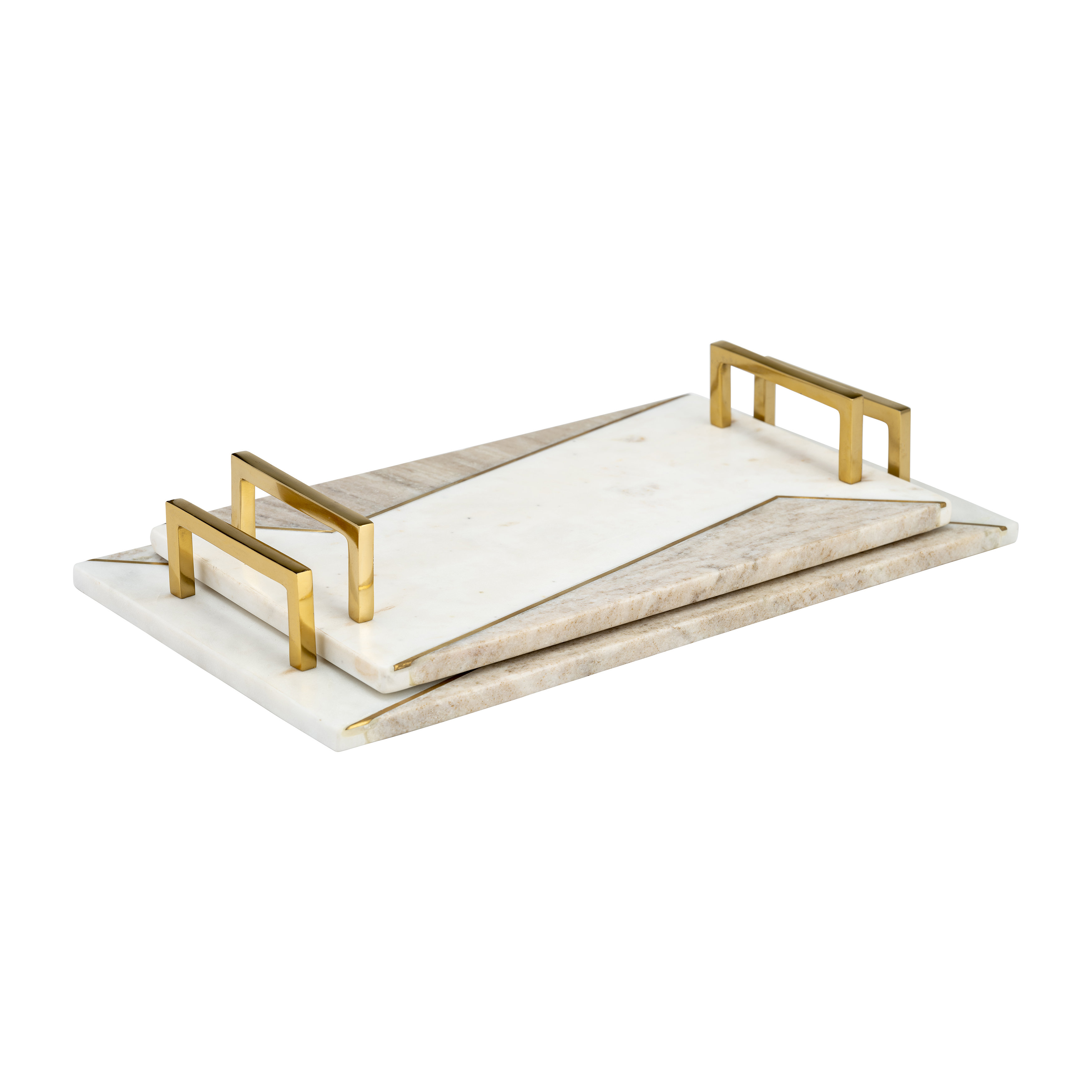 Mercer41 Set of 2 Marble Trays with Handles 15" and 18" Two-Tone White and Beige Decorative ...